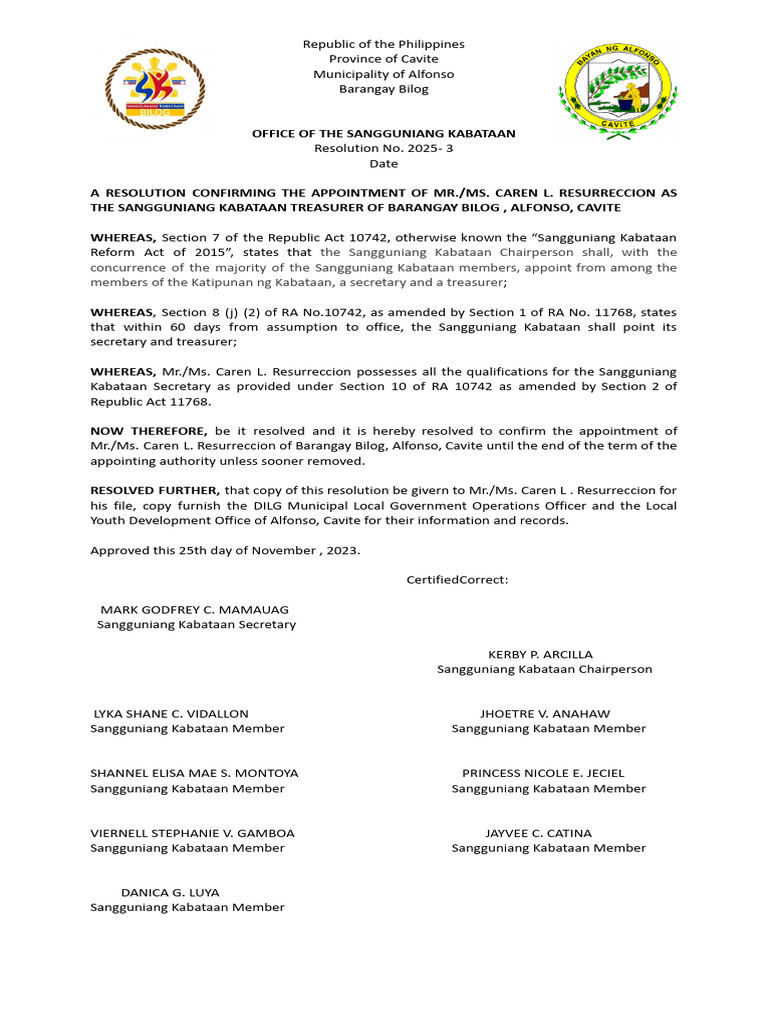 SK Reso For Appointment of SK Treasurer | PDF | Youth | Youth Organizations