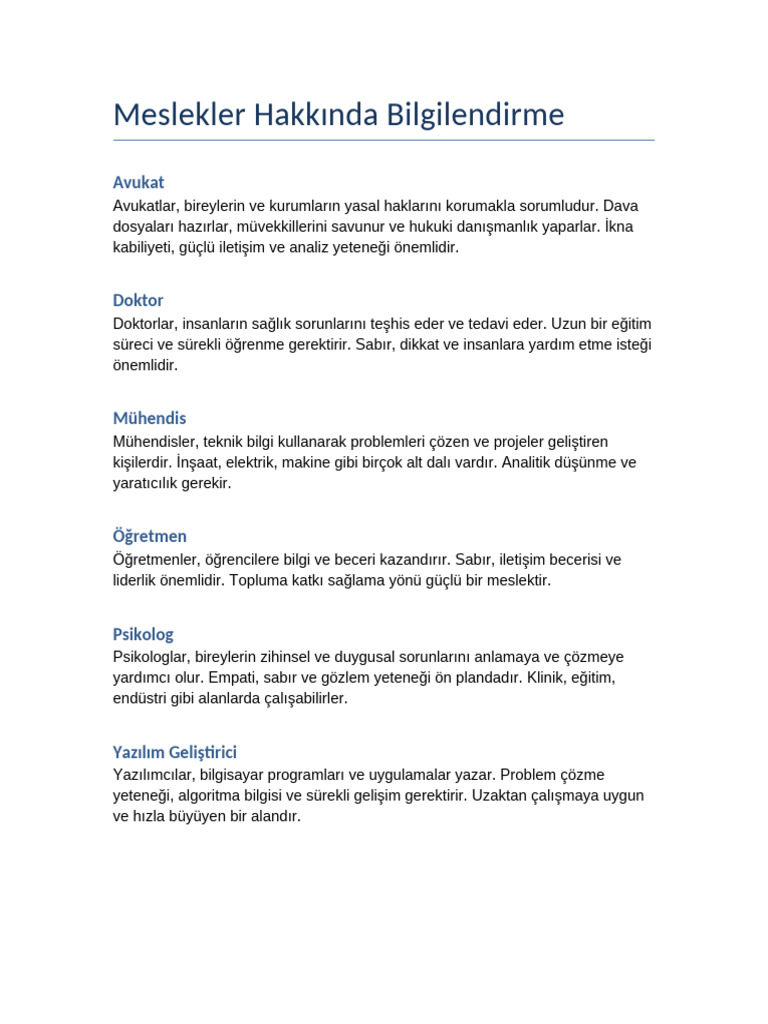 Meslekler Bilgisi | PDF