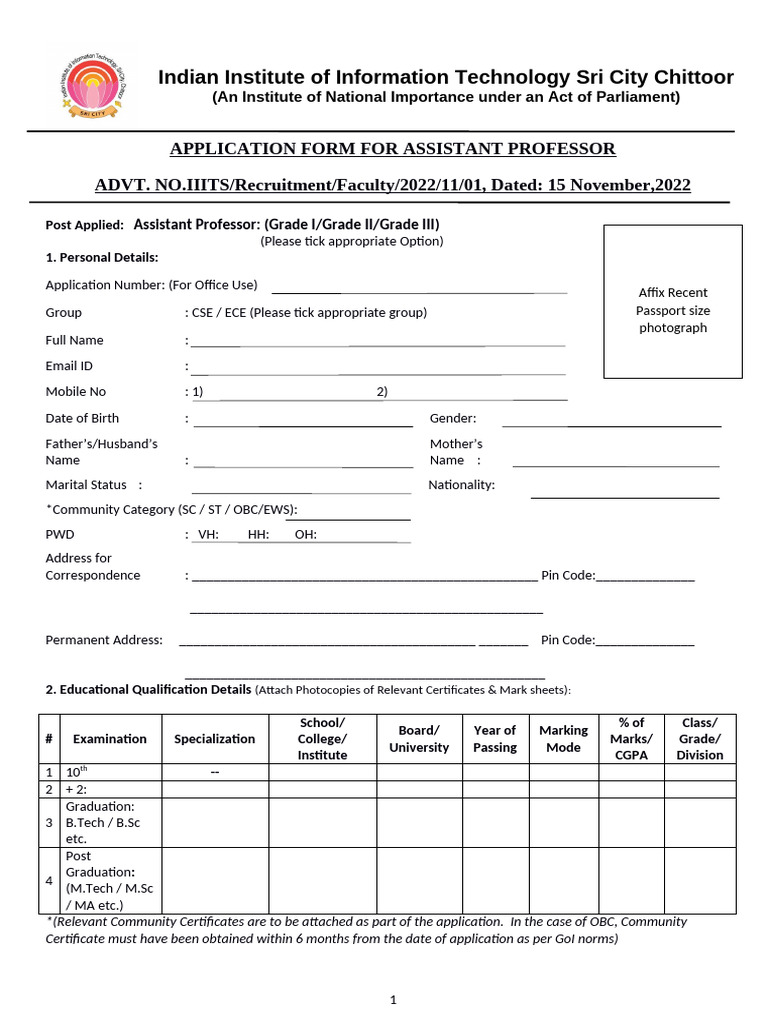 3.-IIIT SriCity Assistant Professor Application Form NOV2022-1 | PDF ...