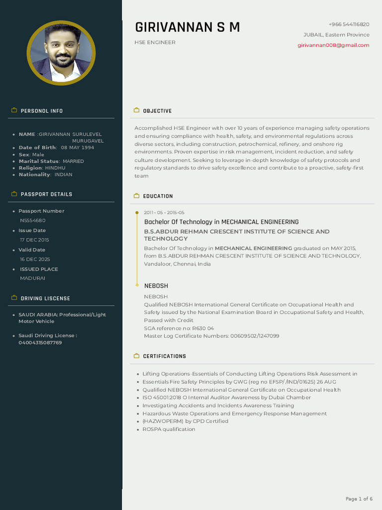 Girivannan Hse Engineer Resume 2025 | PDF | Safety | Occupational Safety And Health