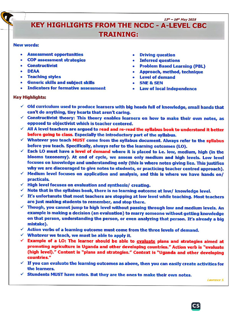 KEY Highlights On A Level CBC | PDF