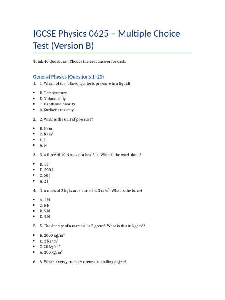 IGCSE Physics 0625 MCQ Test Guide | PDF | Force | Kinetic Energy