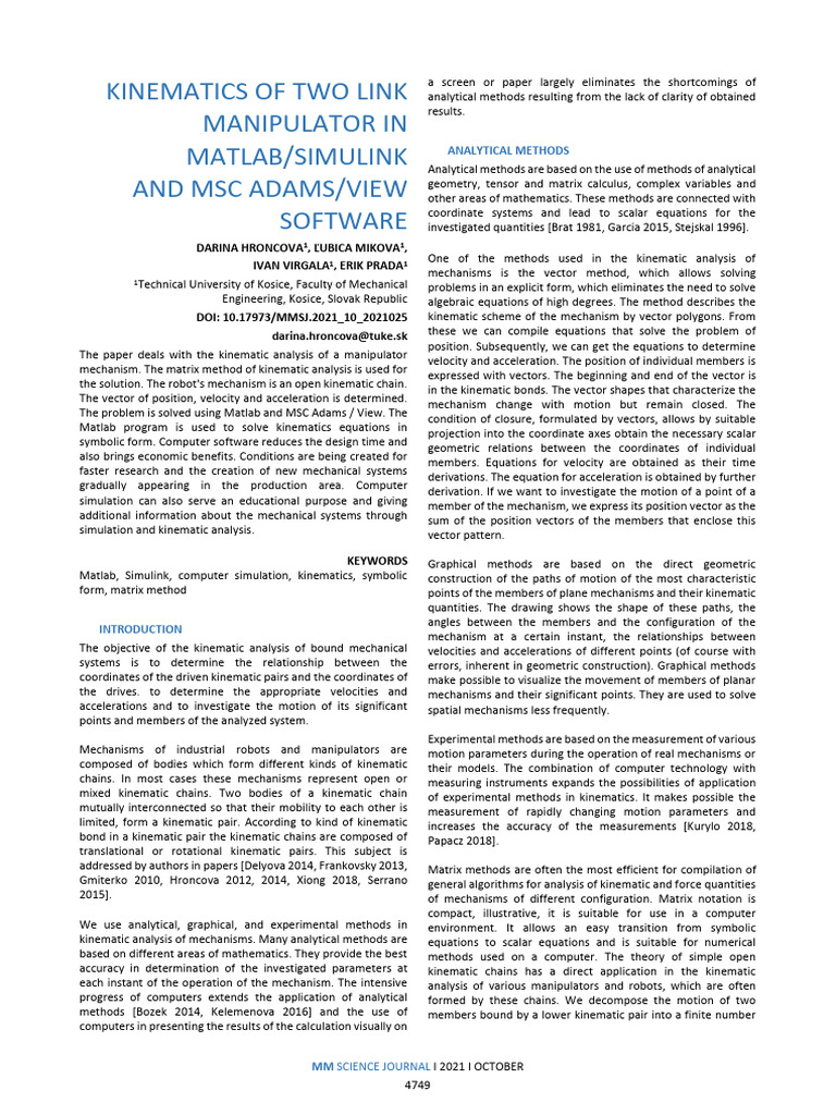 Mmscience 2021 10 Kinematics of Two Link Manipulator in Matlab Simulink and Msc Adams View ...