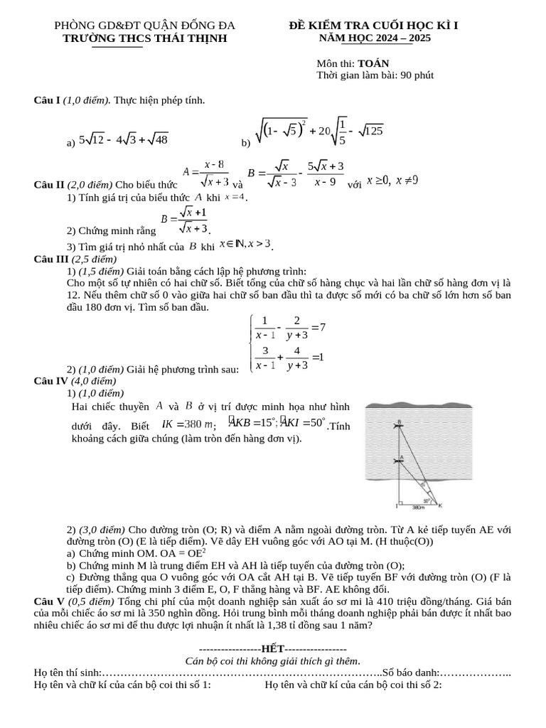 De Toan 9 THCS ThaiThinh - THCS Thái Thịnh Quận Đống Đa | PDF
