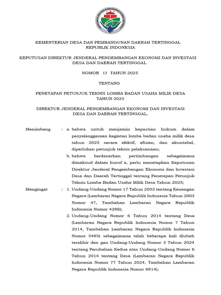 Petunjuk Teknis Lomba BUM Desa Tahun 2025 | PDF