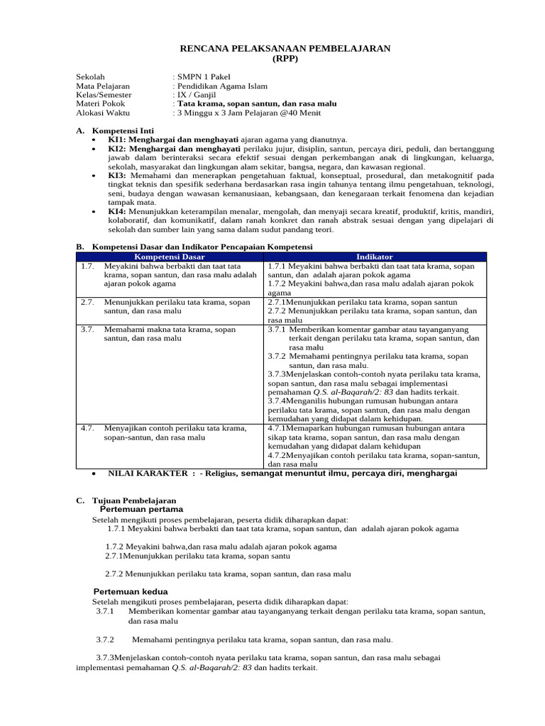 RPP Kls 9, Mengasah Pribadi Unggul, Jujur Santun Dan Malu | PDF
