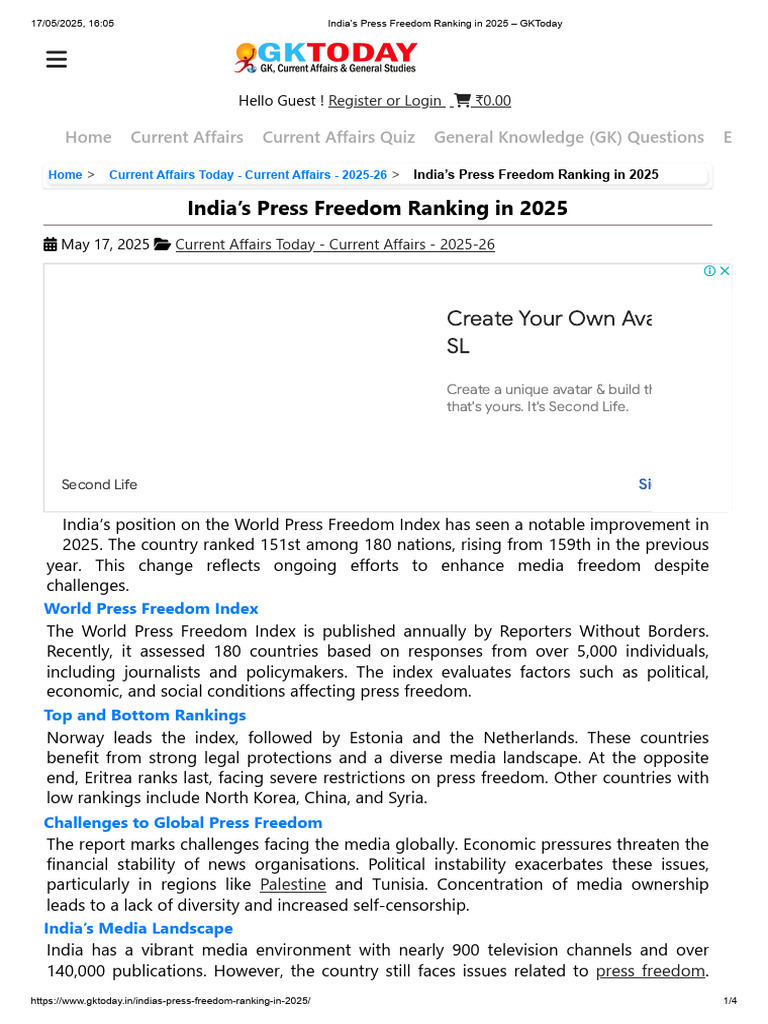 India Press Freedom Ranking 2025 | PDF | Freedom Of The Press | Public ...