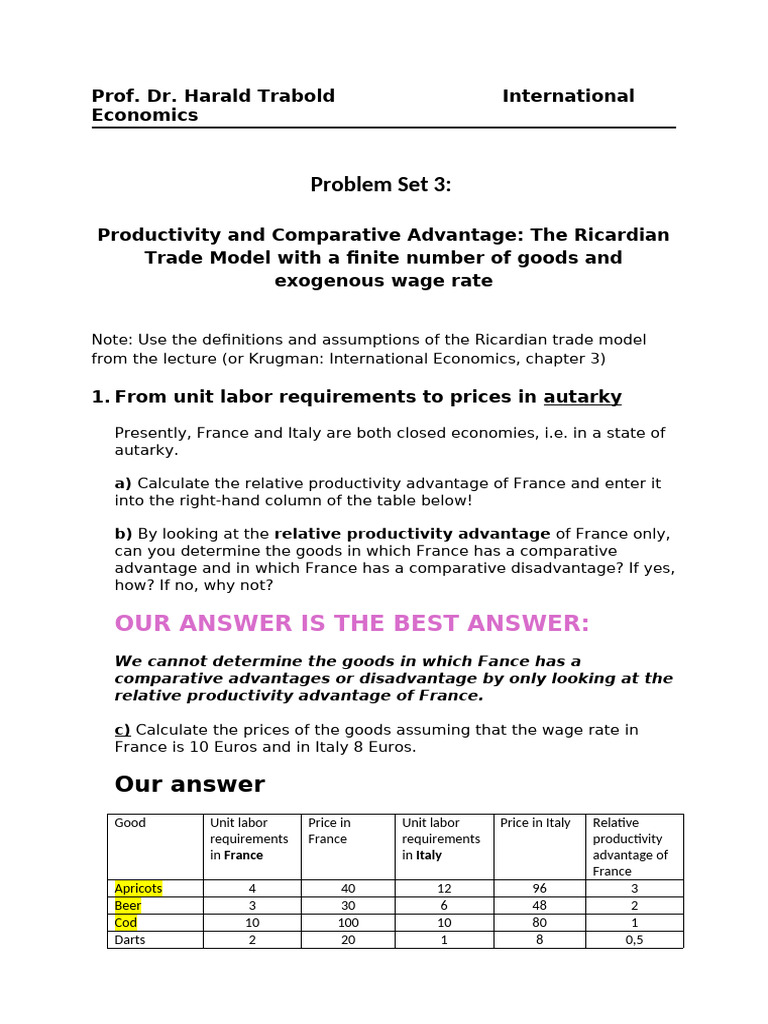 IE - PS03-The Ricardian Trade Model New | PDF | Comparative Advantage ...