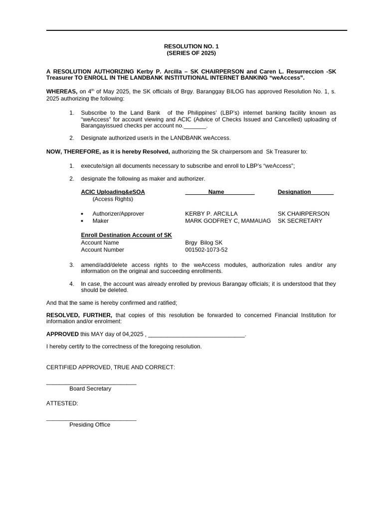 Weaccess Reso For Barangay SAMPLE | PDF