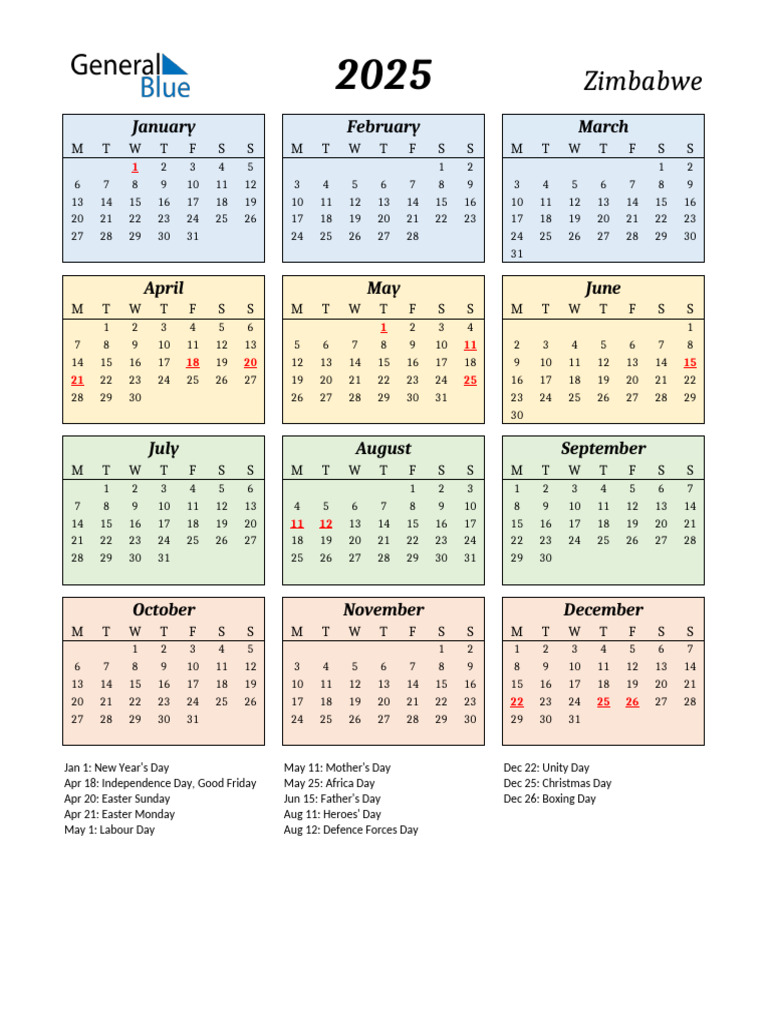 2025 Calendar Streamlined Colored With Holidays Portrait Monday Start ...