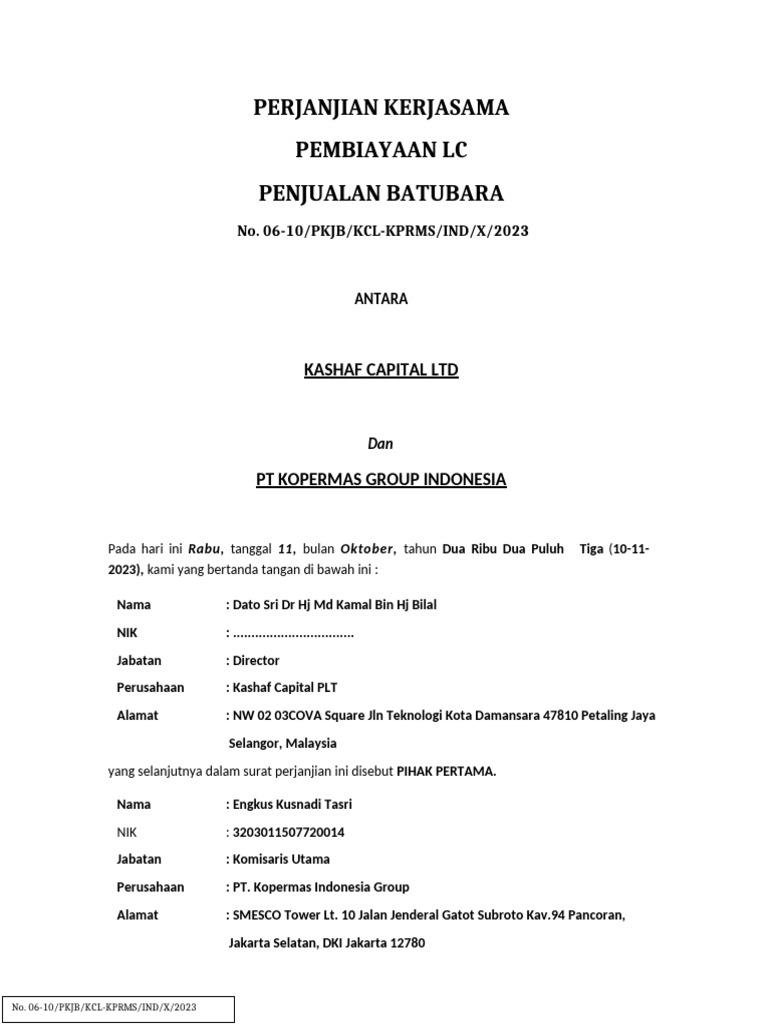 (Ind-Eng) Coal Cooperation Agreement Lc Contract | PDF