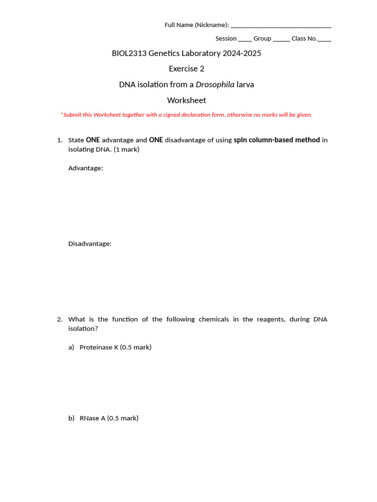 BIOL2313 Worksheet 2 2024 | PDF | Gel Electrophoresis | Genetics