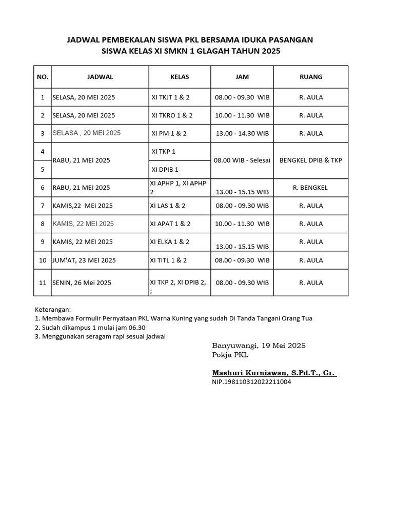 Jadwal Pembekalan Siswa PKL Tahun 2025 | PDF