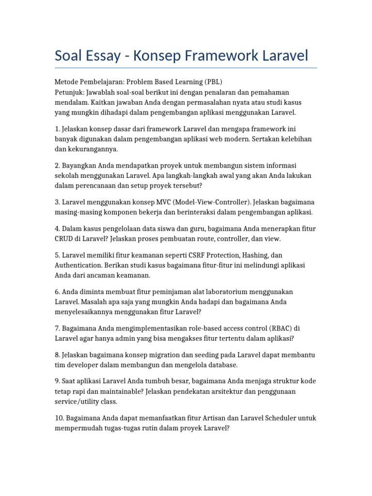 Soal Essay Konsep Framework Laravel PBL | PDF