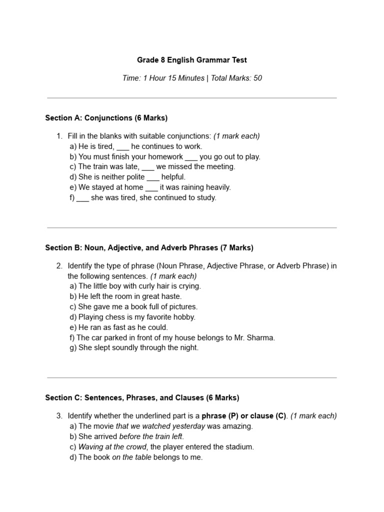 Grade 8 English Grammar Test | PDF | English Grammar | Adverb