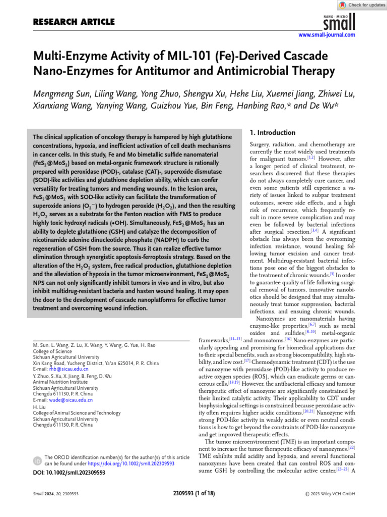 Multi-Enzyme Activity of MIL-101 (Fe) - Derived Cascade Nano-Enzymes ...