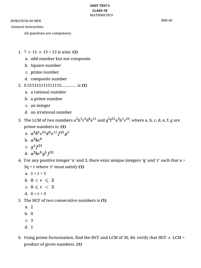 Class-10 Test Paper Chapter 1 | PDF | Prime Number | Number Theory