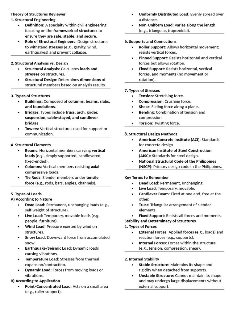 Theory of Structures Reviewer | PDF | Truss | Structural Engineering