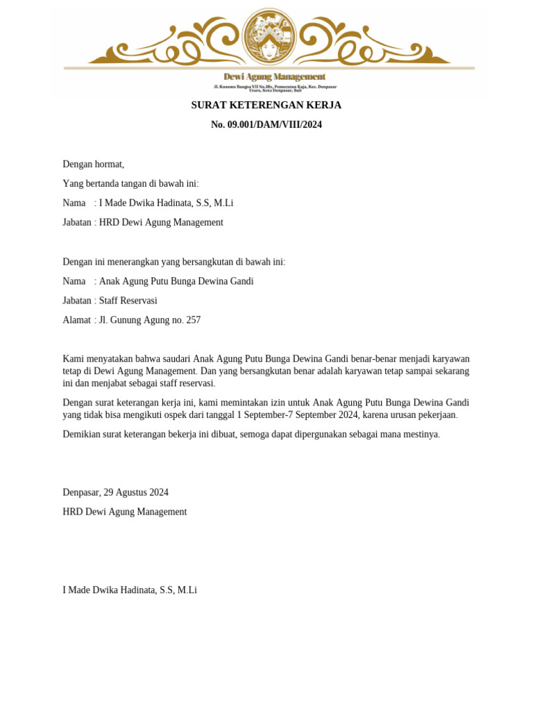 Surat Keterengan Kerja | PDF