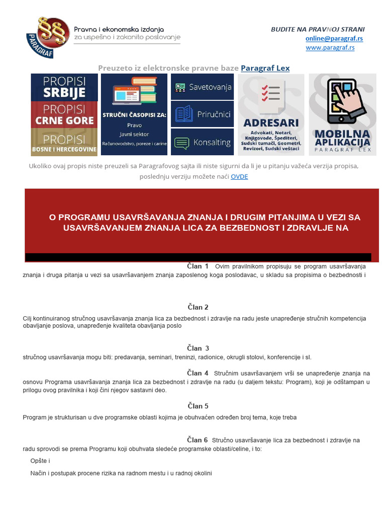 Pravilnik Programu Usavrsavanja Za Bezbednost I Zdravlje Na Radu | PDF