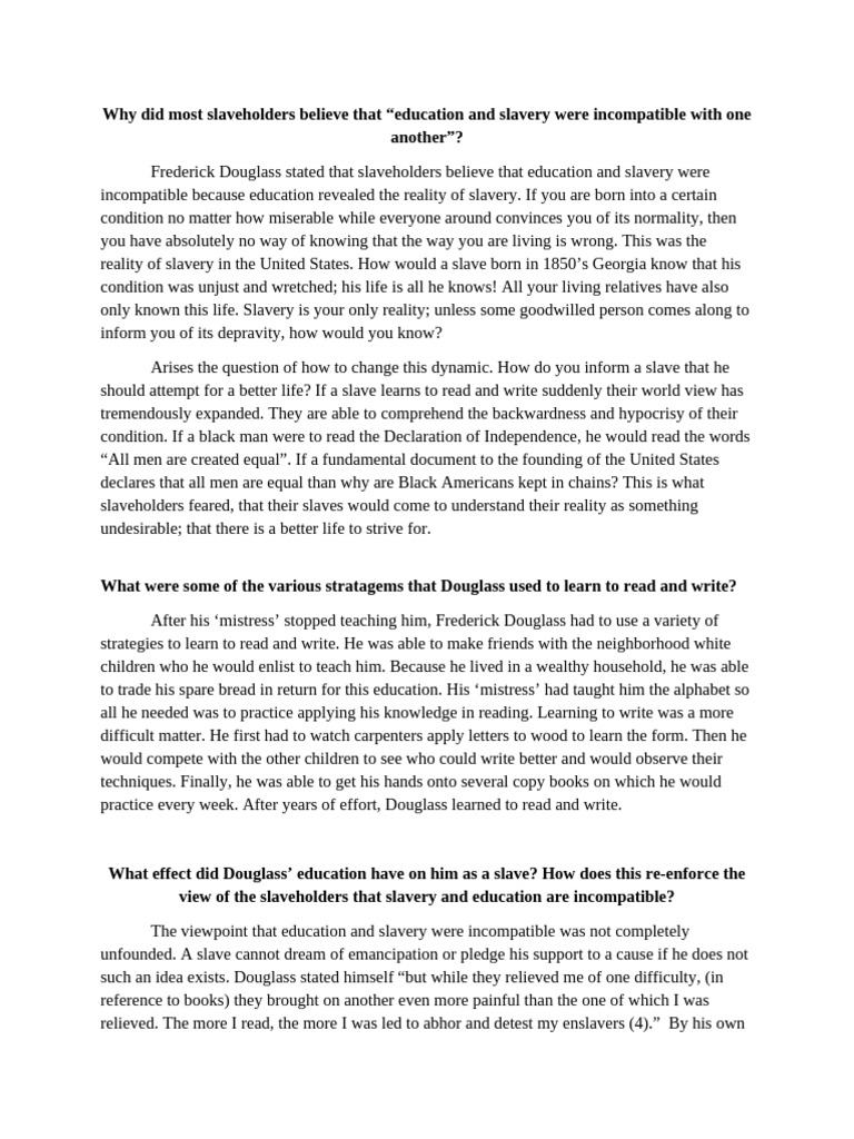 Frederick Douglass Questions | PDF | Slavery | Frederick Douglass