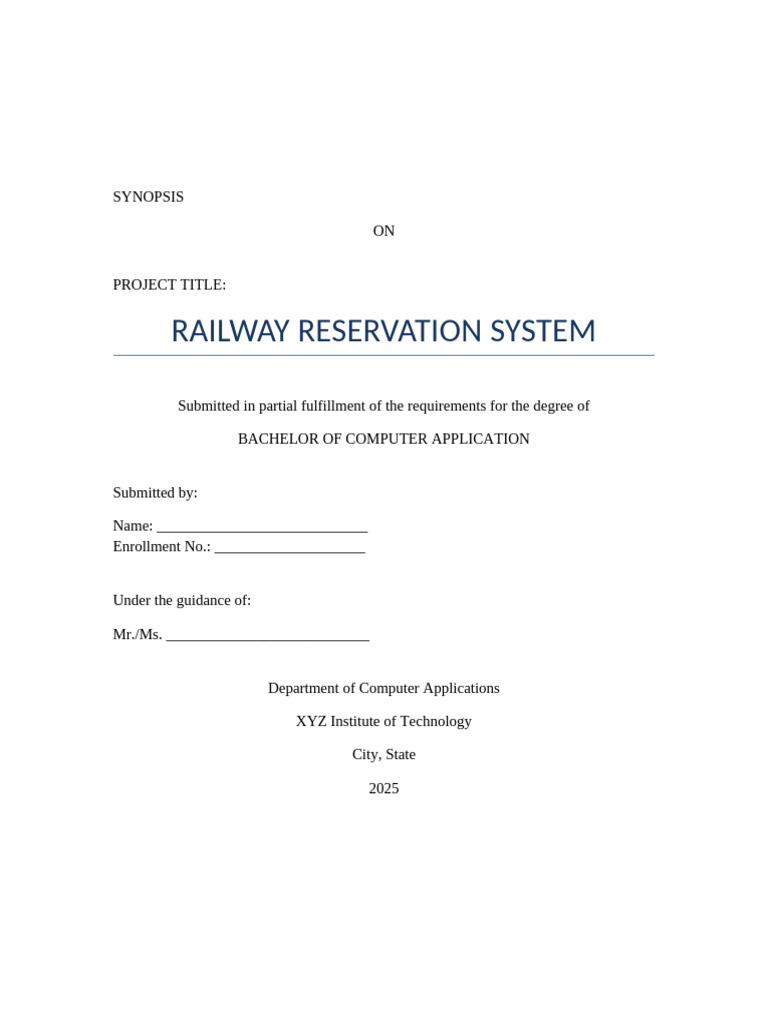 Railway Reservation Synopsis Formatted | PDF | Databases | Java (Programming Language)