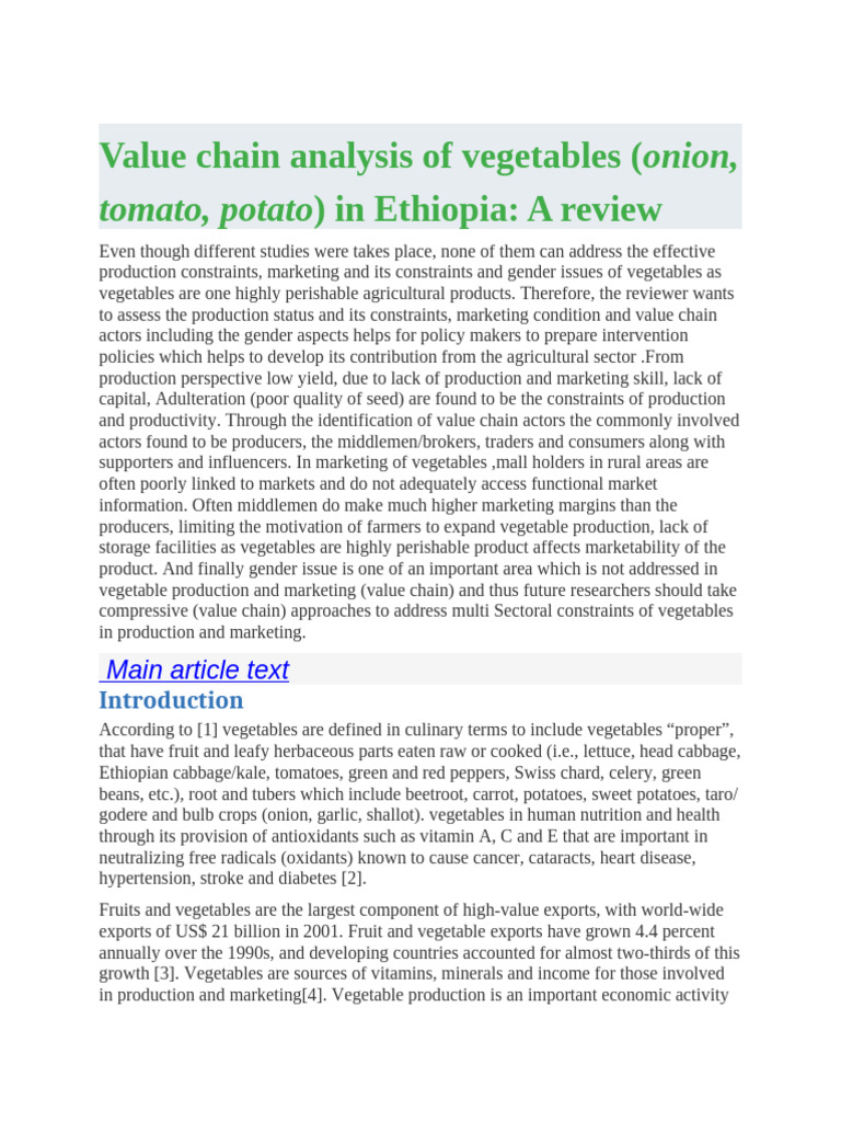 Ethiopia's Vegetable Value Chain Analysis | PDF | Vegetables | Smallholding