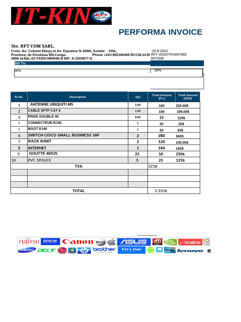 Performa Invoice: Ste. RFT Com Sarl | PDF