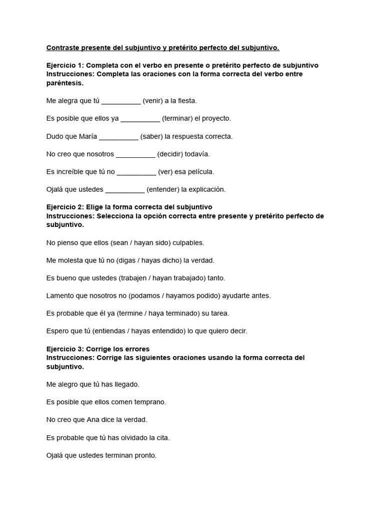 Ejercicios de subjuntivo y pretérito perfecto | PDF