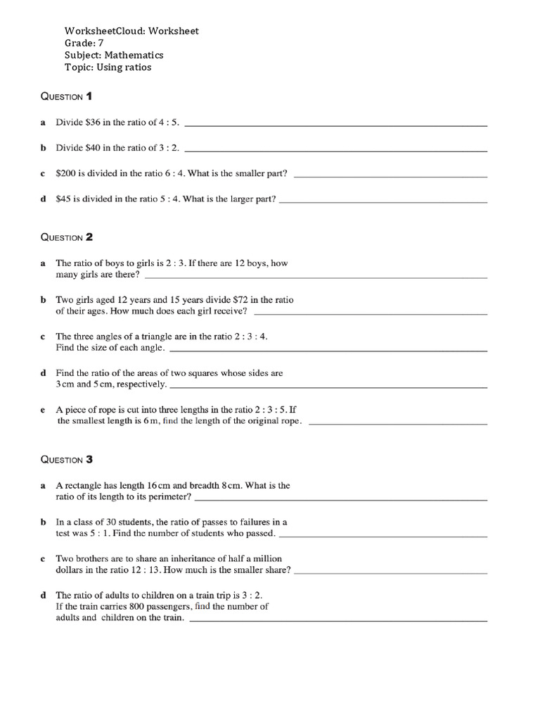 WSC Grade 7 Mathematics Using Ratios WS-1 | PDF