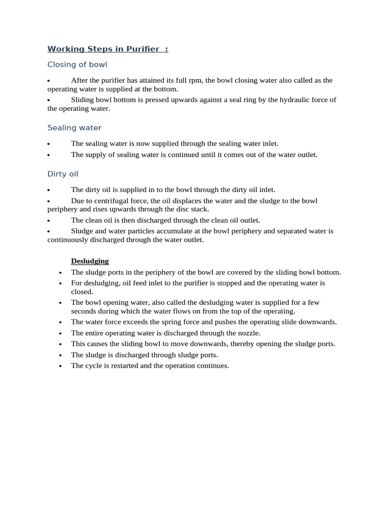 Purifier Operation and Desludging Steps | PDF