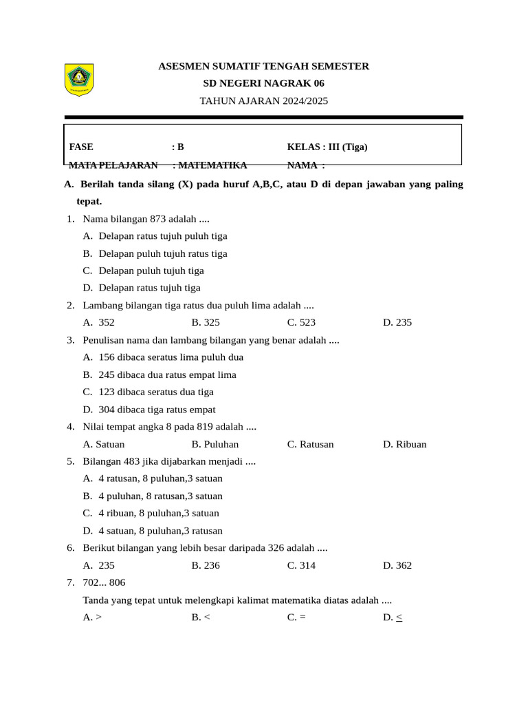 NASKAH SOAL STS MTK Kelas 3 | PDF