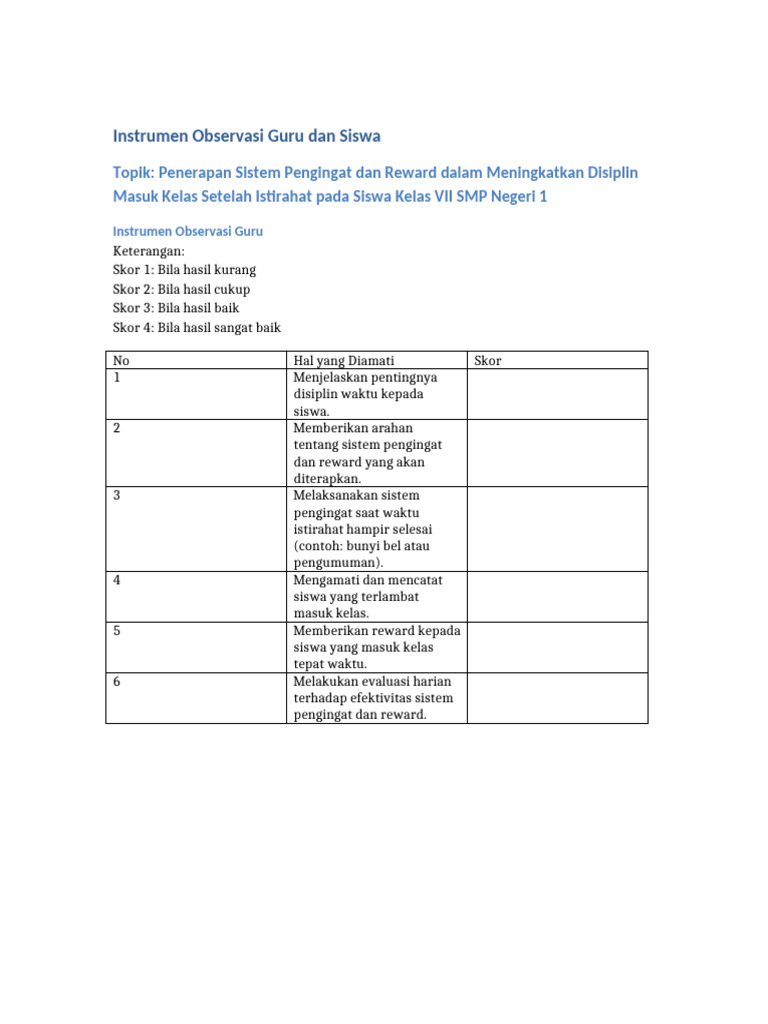 Instrumen Observasi Disiplin Kelas VII | PDF
