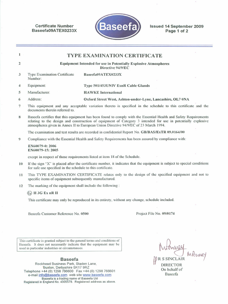 Baseefa 09ATEX0233X | PDF