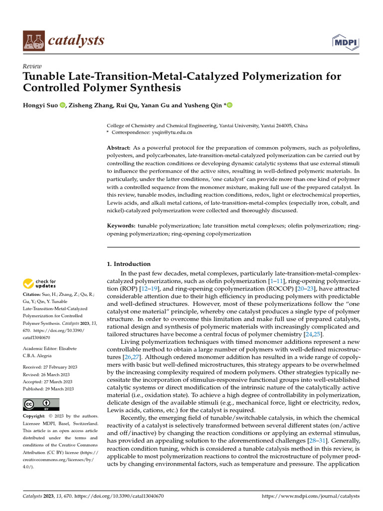 catalysts-13-00670 | PDF | Catalysis | Polymerization