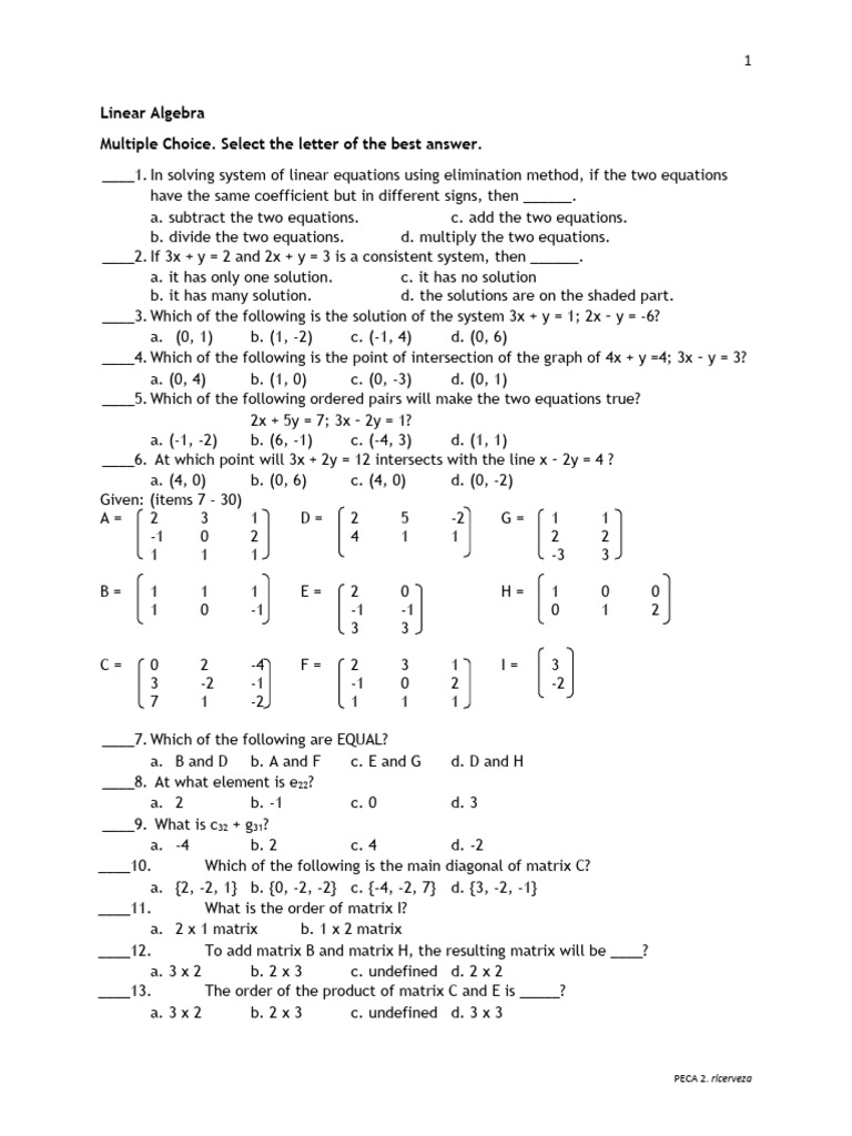 Linear Algebra Multiple Choice Questions | PDF | Equations | Matrix ...