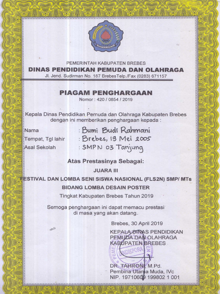 Piagam Penghargaan | PDF