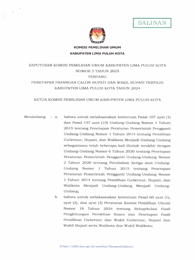 Bupati Dan Wakil Bupati Lima Puluh Kota | PDF