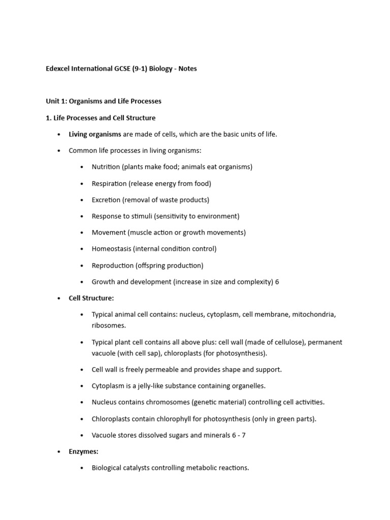 Edexcel GCSE Biology Unit 1 Notes | PDF