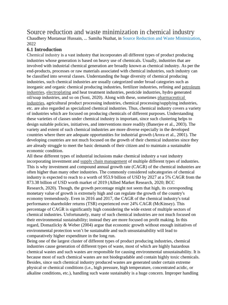 Source Reduction and Waste Minimization in Chemical Industry | PDF ...