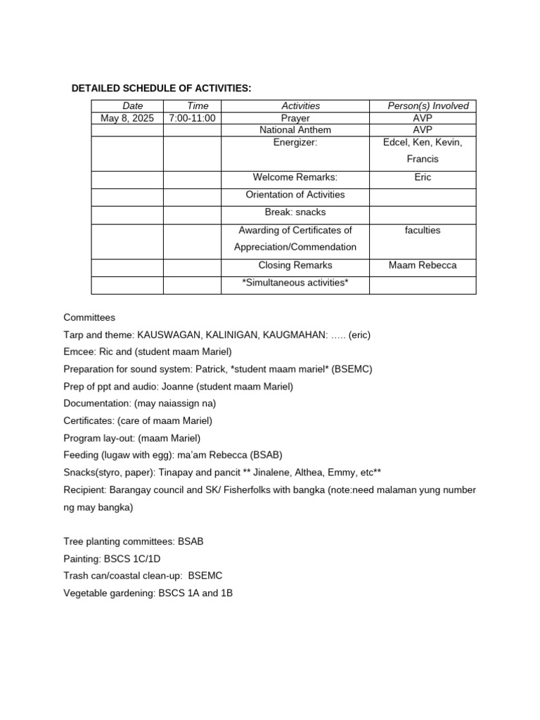 Detailed Schedule of Activities | PDF