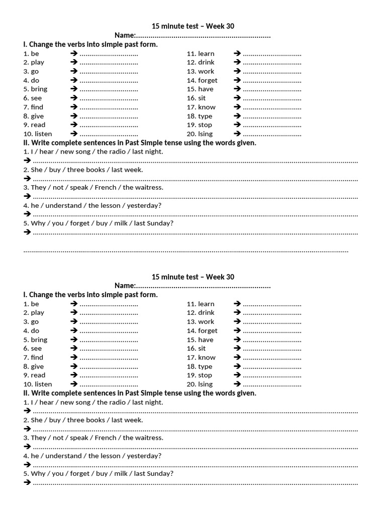 15 minute test - Week 30 - 18 bản | PDF | Grammatical Tense | Linguistics