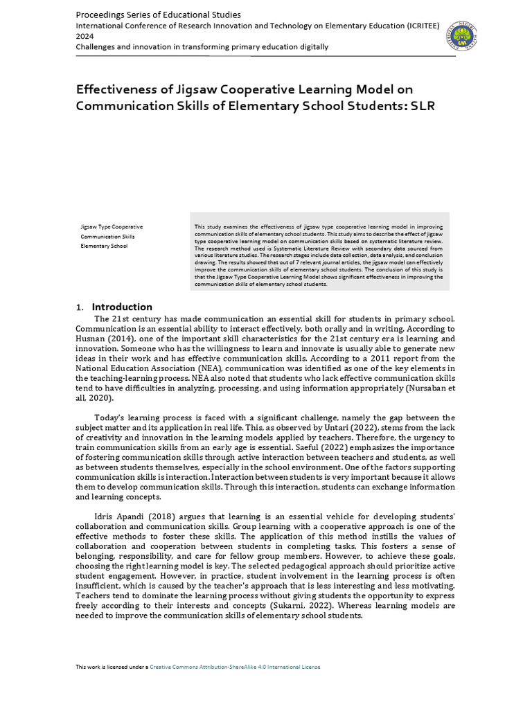 Effectiveness of Jigsaw Cooperative Learning Model On Communication Skills of Elementary School ...