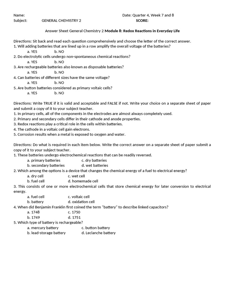Redox Reactions in Chemistry Quiz | PDF | Electrochemistry ...