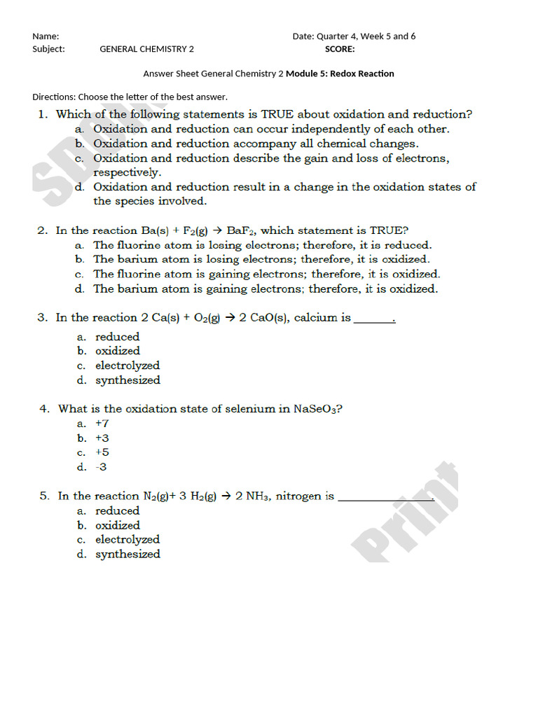 Answer Sheet Gen Chem 2 Q4 Week 5 and 6 Part 1 TEST TAKE HOME | PDF