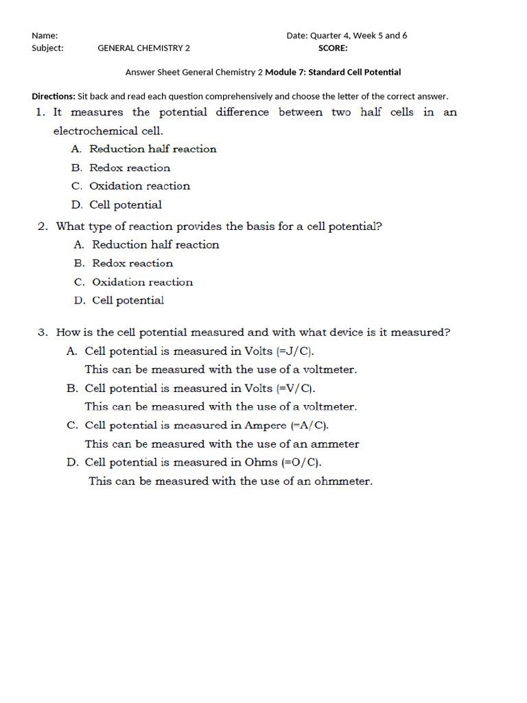 Answer Sheet Gen Chem 2 Q4 Week 5 and 6 Part 3 TEST | PDF