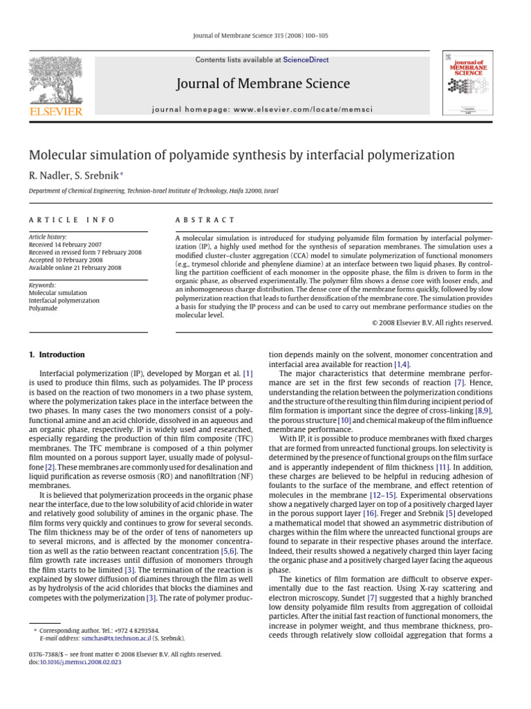 Molecular Simulation of Polyamide Synthesis by Interfacial ...