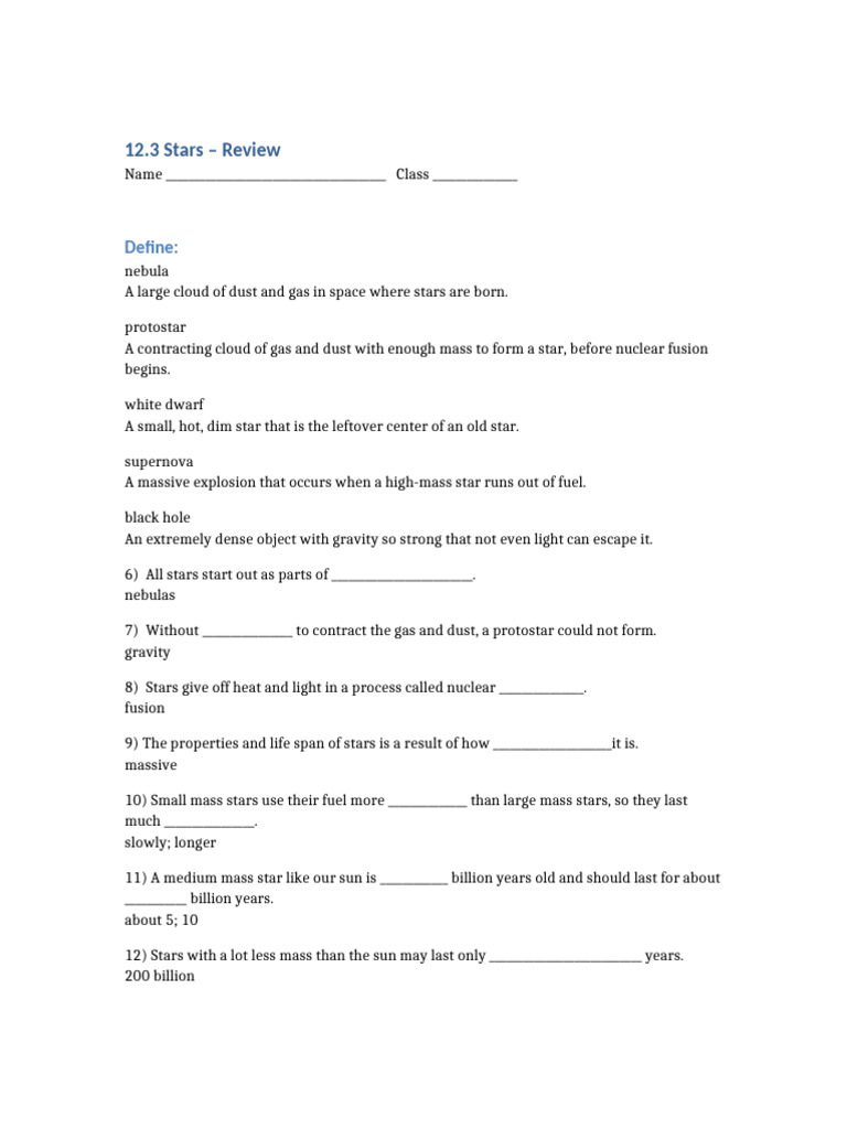 12.3 Stars Worksheet - Completed | PDF | Stars | Supernova