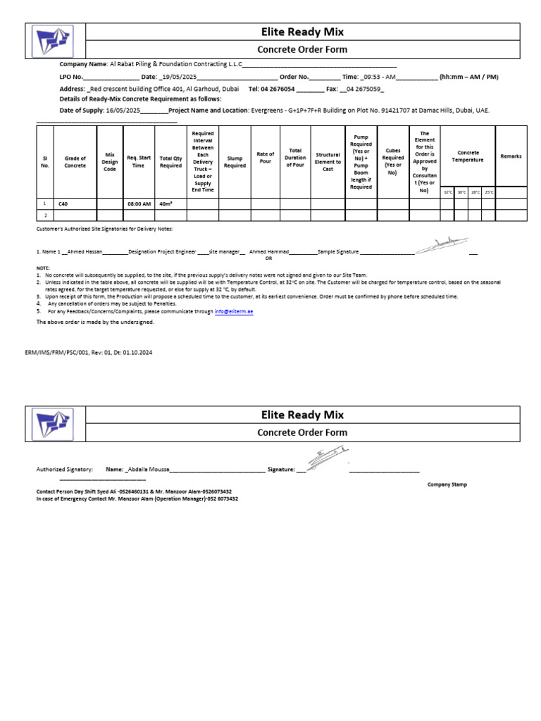 Concrete Order Form-Erm Ims FRM PSC 001 Rev 01 DT 01.10.2024 | PDF ...