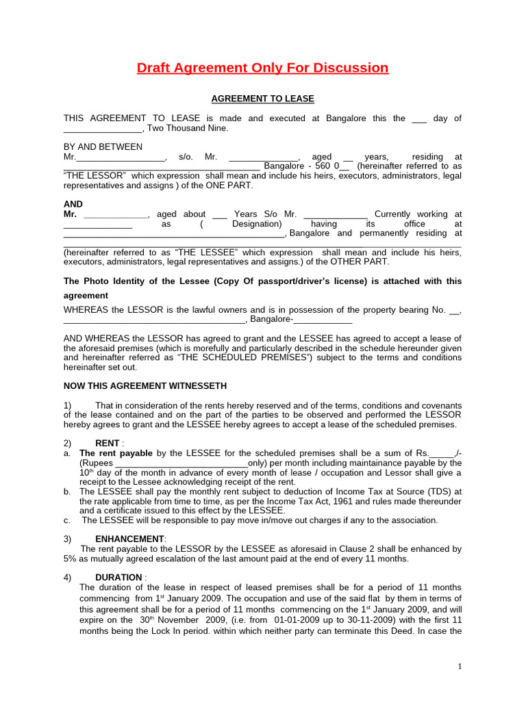 Bangalore Lease Agreement Draft | PDF | Lease | Private Law